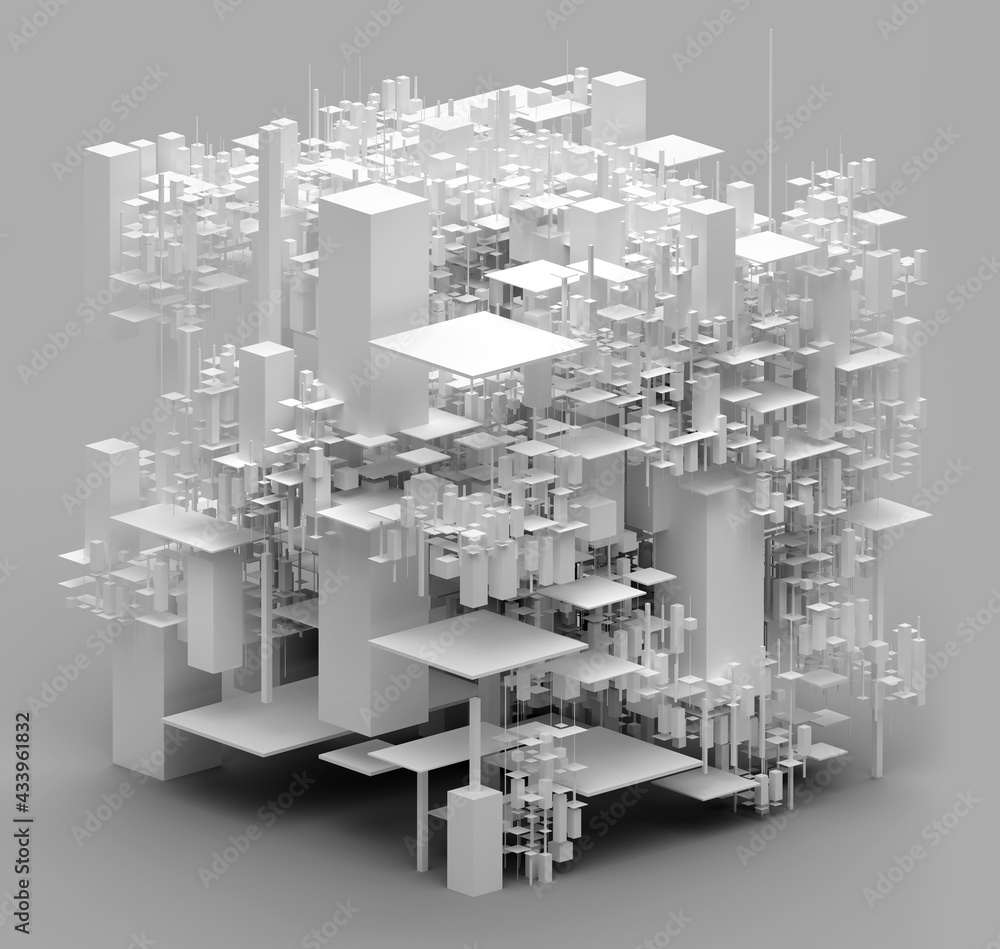 Illustrazione Stock 3d render of abstract art surreal 3d cubical build structure based on small ...