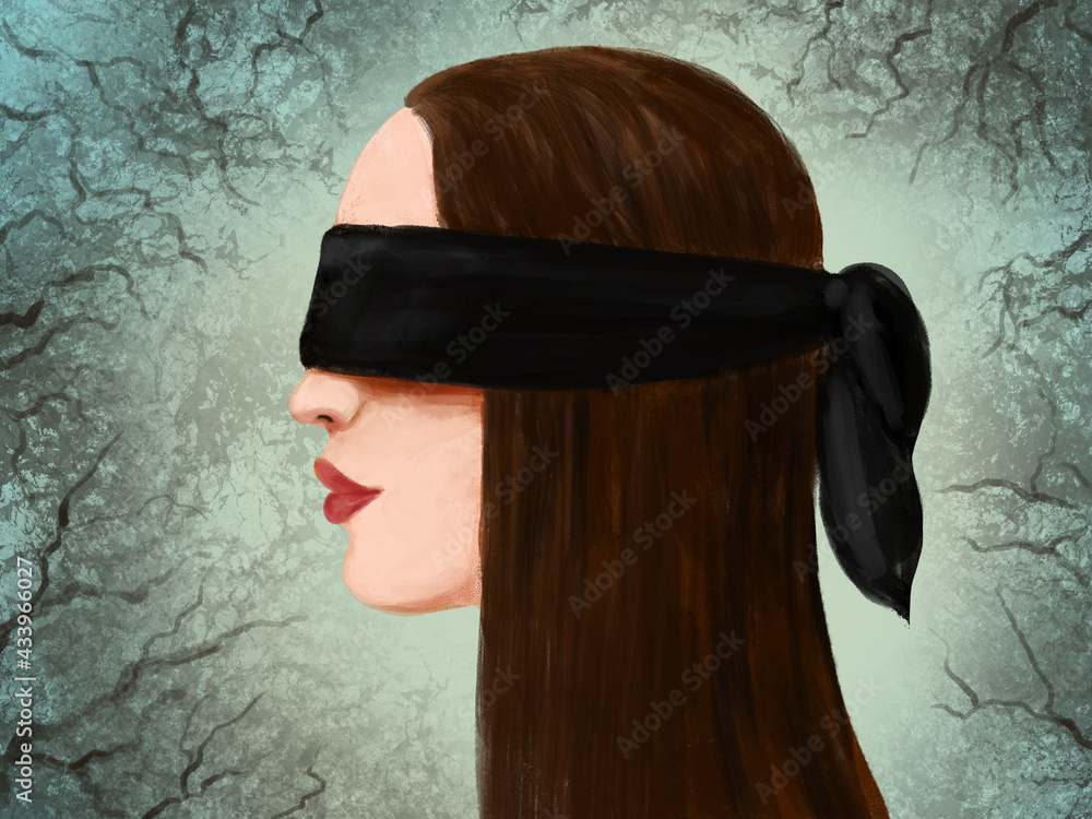 Illustration of a woman blindfolded. Female profile with a blindfold ...