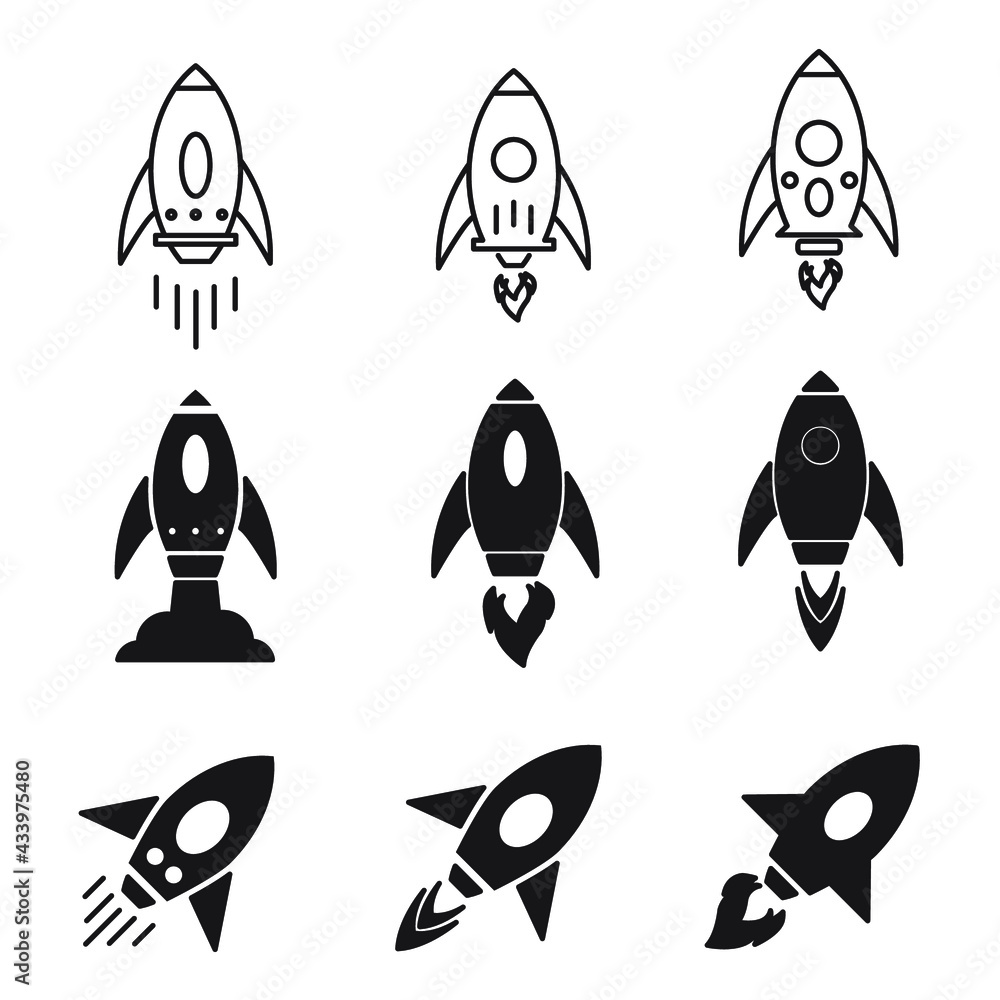 Vector black rocket icons set. Vector black rocket pack symbol vector ...