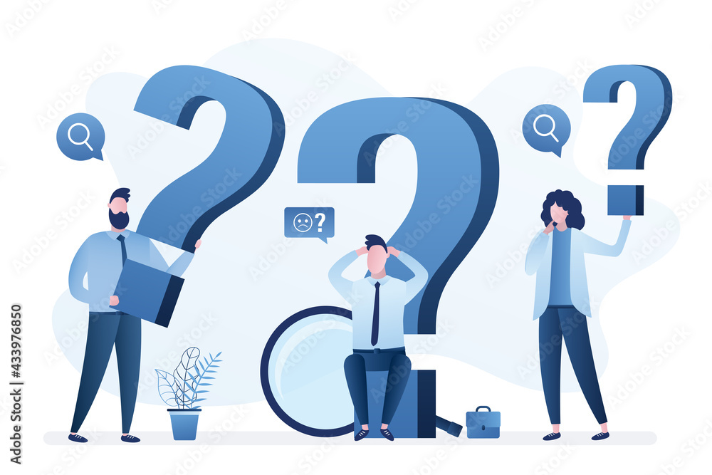 Various business people with big question marks. Employees needs help ...