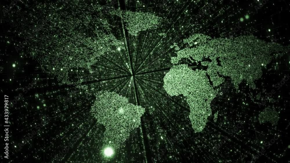 Flashing green world map with particles motion dark background ...