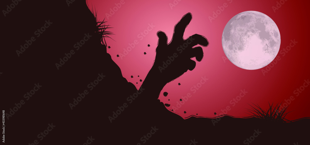 Rise of zombies hand from the ground to yhe moon. Hands on other layer ...