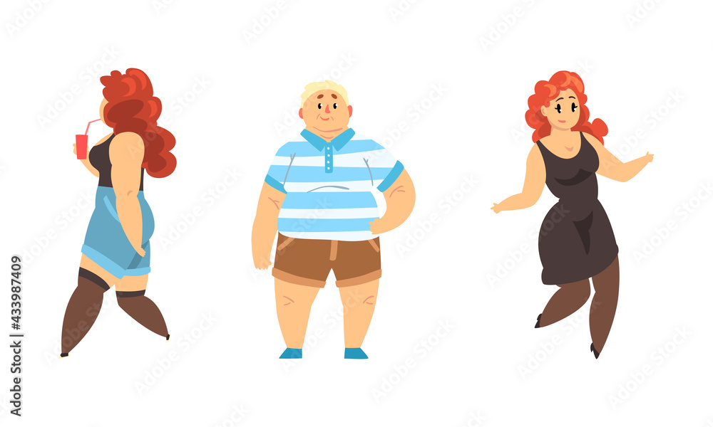 Set of Overweight People, Happy Plump Male and Female Characters ...