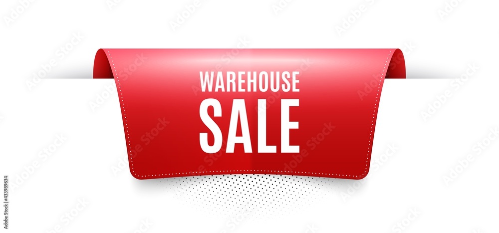Warehouse sale. Red ribbon label tag. Special offer price sign ...