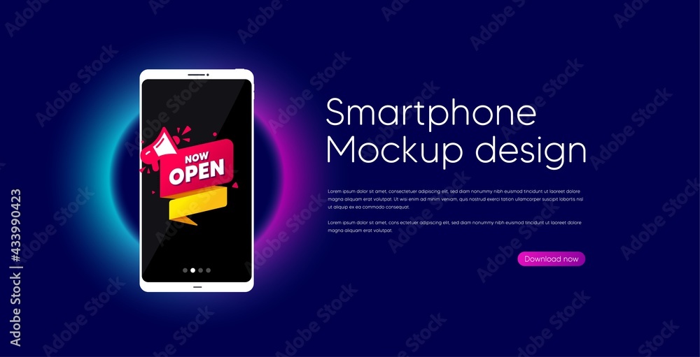 Now open banner. Mobile phone vector mockup. Announcement notice tag ...
