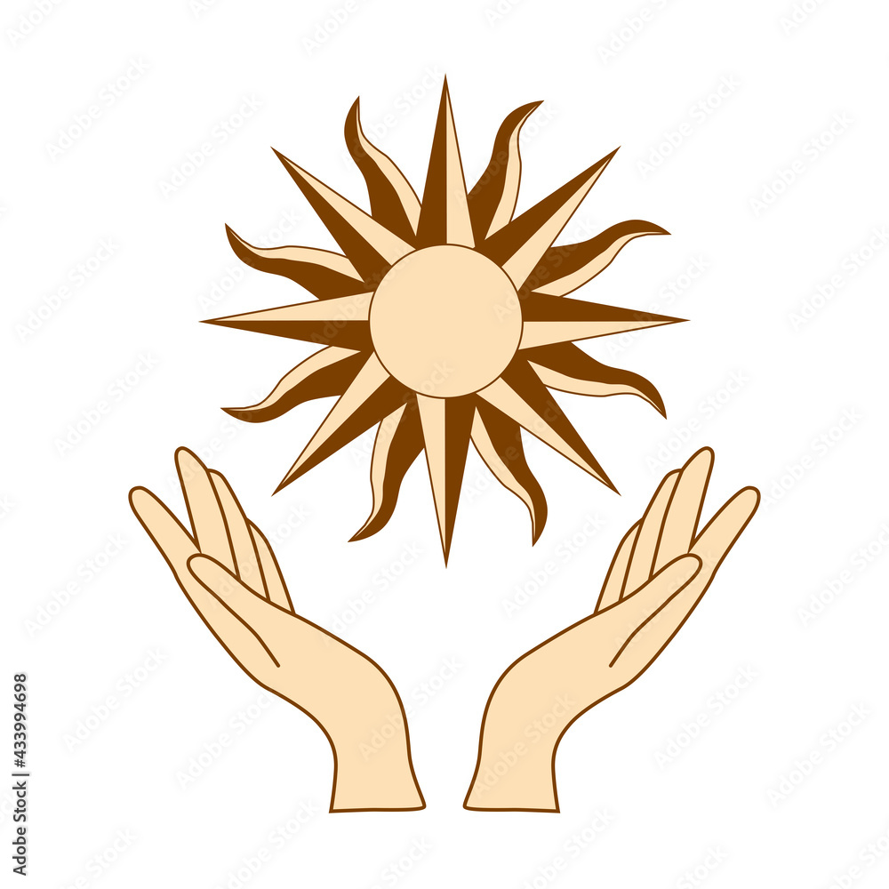 Mystical drawing, human hands hold the sun. Circle of a phase of the ...