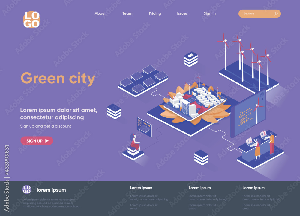 Green city isometric landing page. Ecology conservation and safety ...
