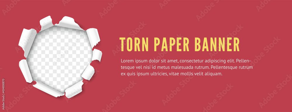 Paper hole with rip edges side realistic vector banner over transparent ...