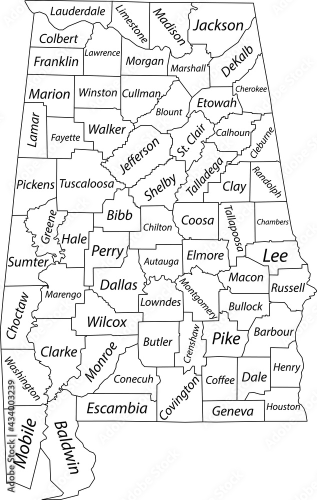 White blank vector map of the Federal State of Alabama, USA with black ...