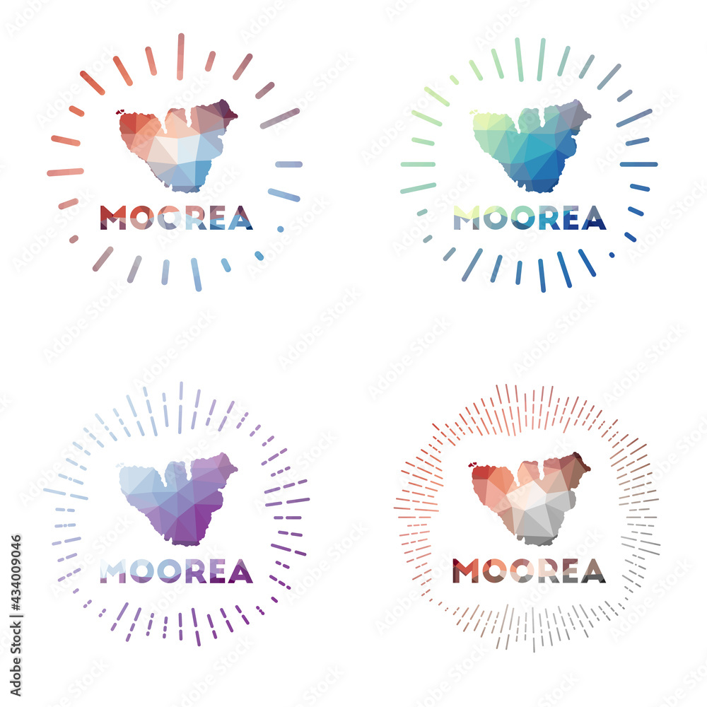 Moorea low poly sunburst set. Logo of island in geometric polygonal ...