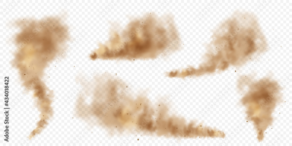 Realistic dust clouds. Road sand storm. Polluted dirty brown air with ...