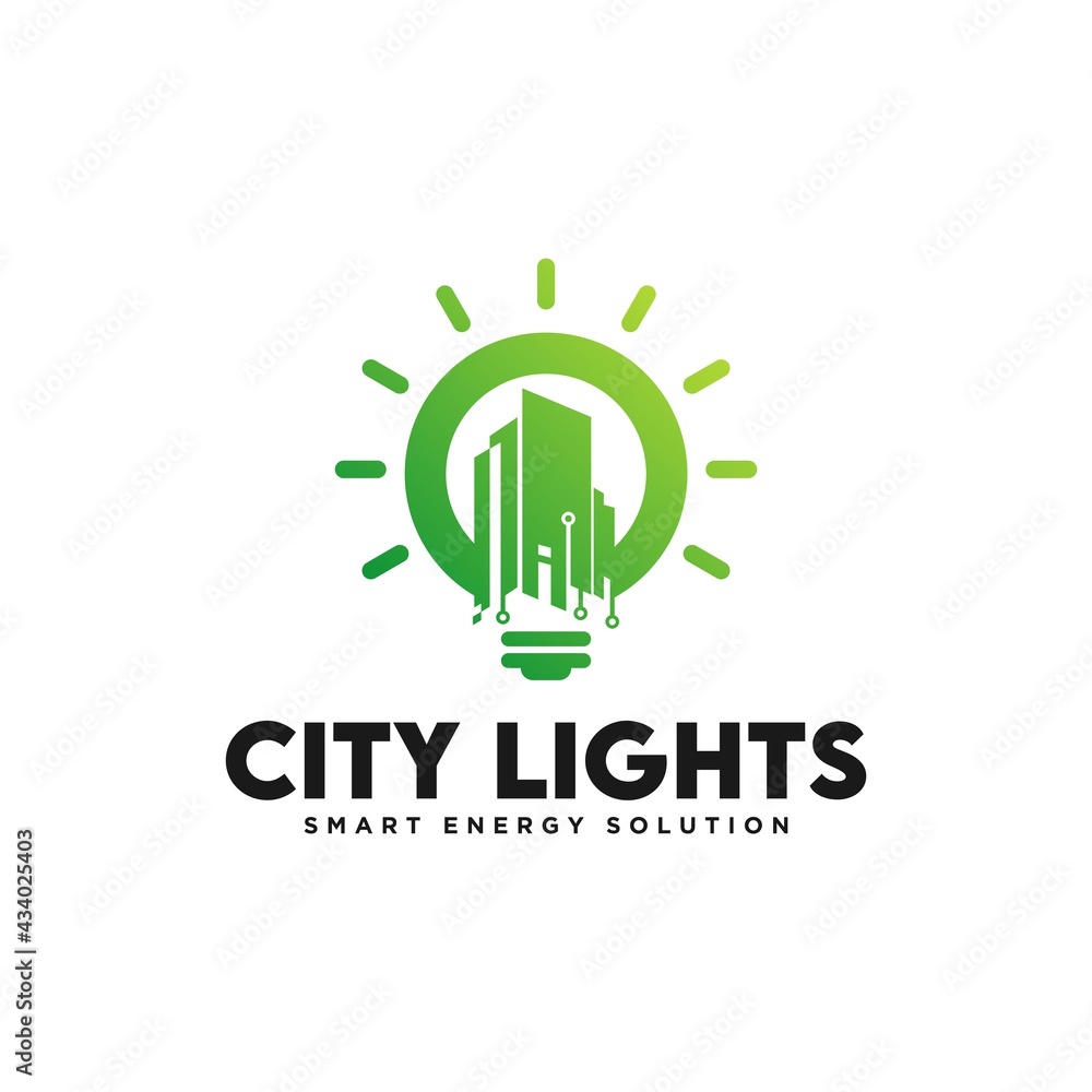 Smart Home Idea logo template, Tech City with light bulb logo designs ...