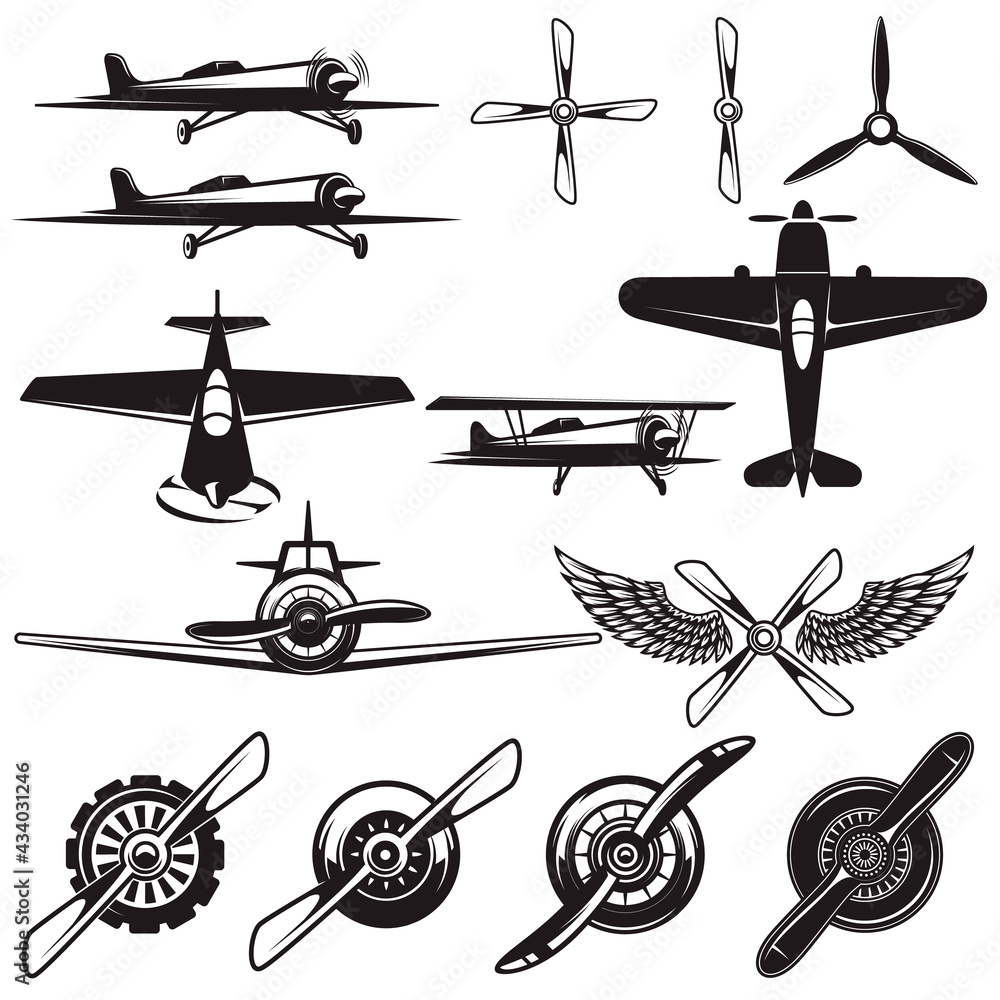 Set of airplanes, propellers. Aviation design elements for logo, label ...