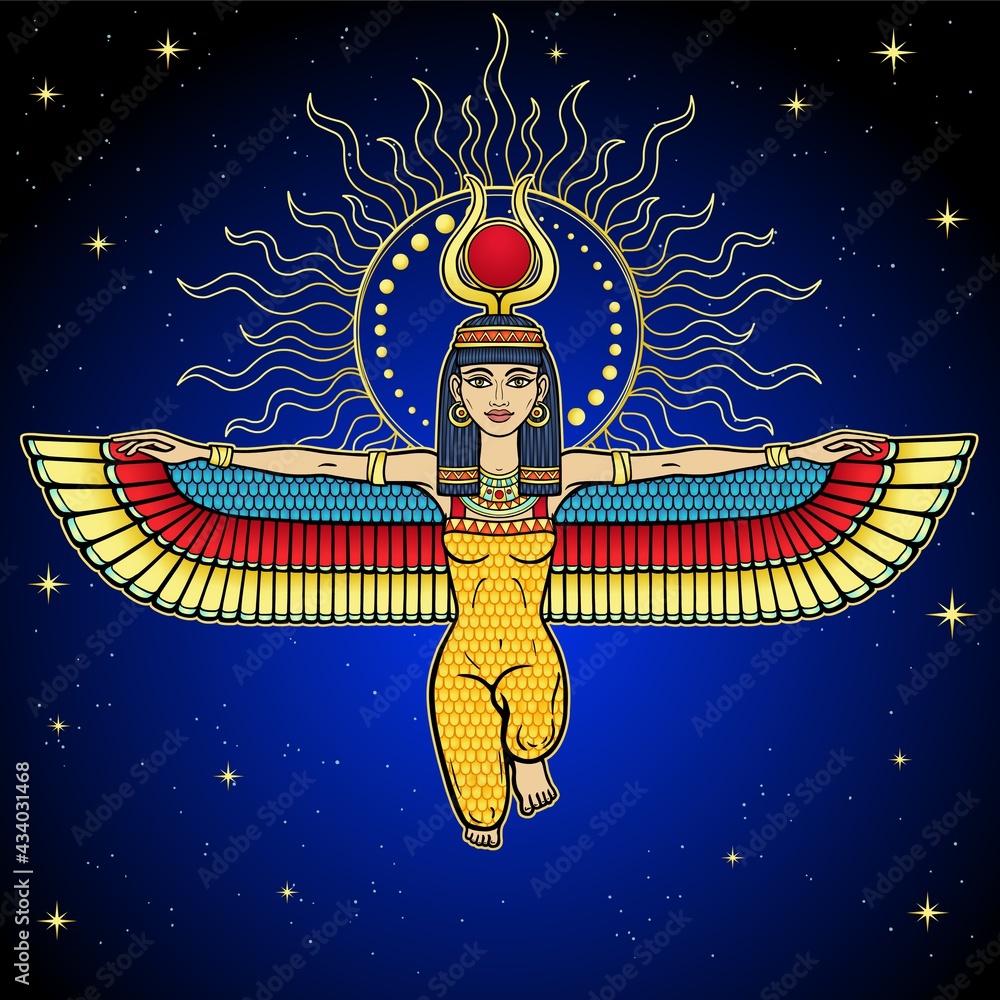 Poster Animation color portrait: sitting winged goddess Isis with horns ...