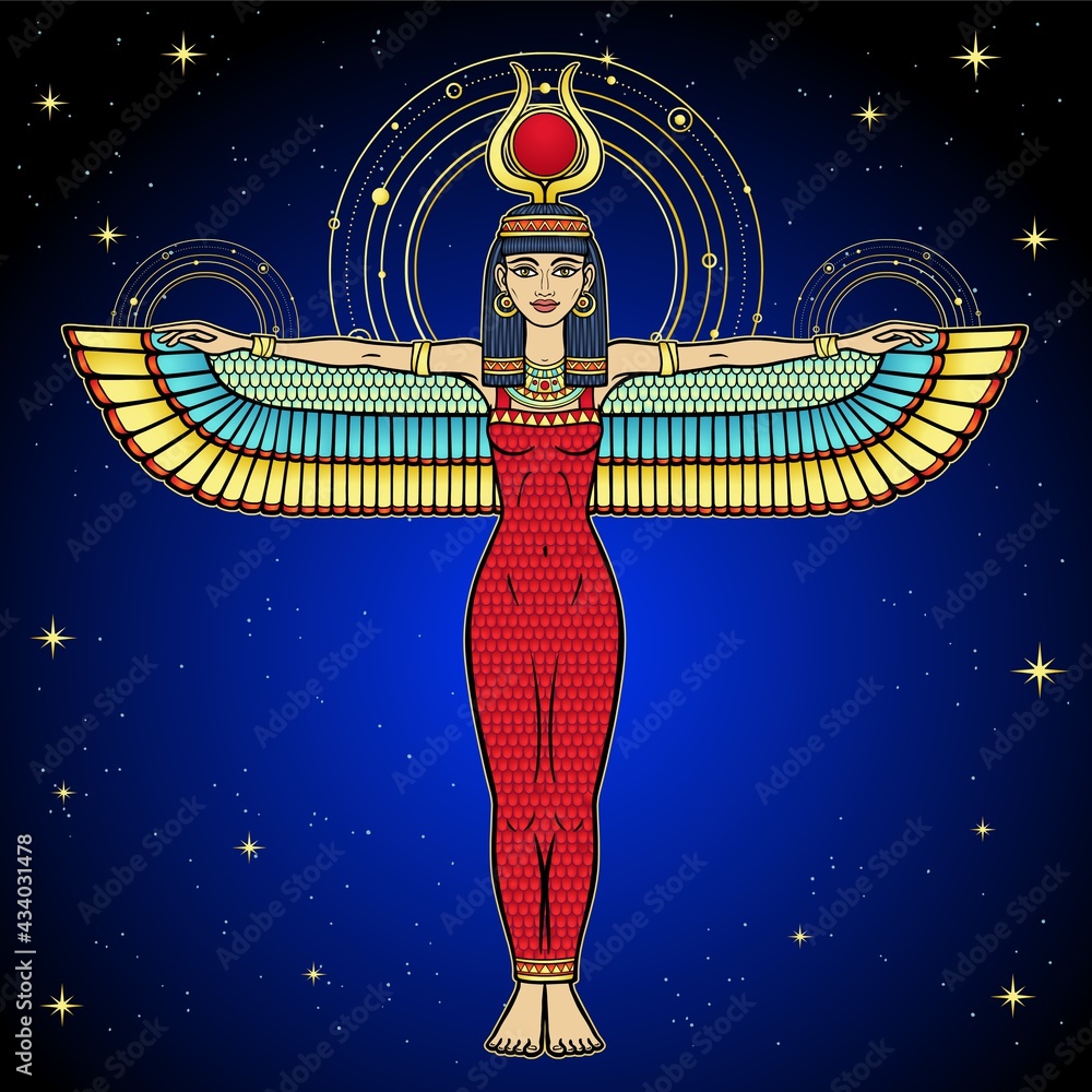 Animation color portrait: Egyptian winged goddess Isis with horns and a ...