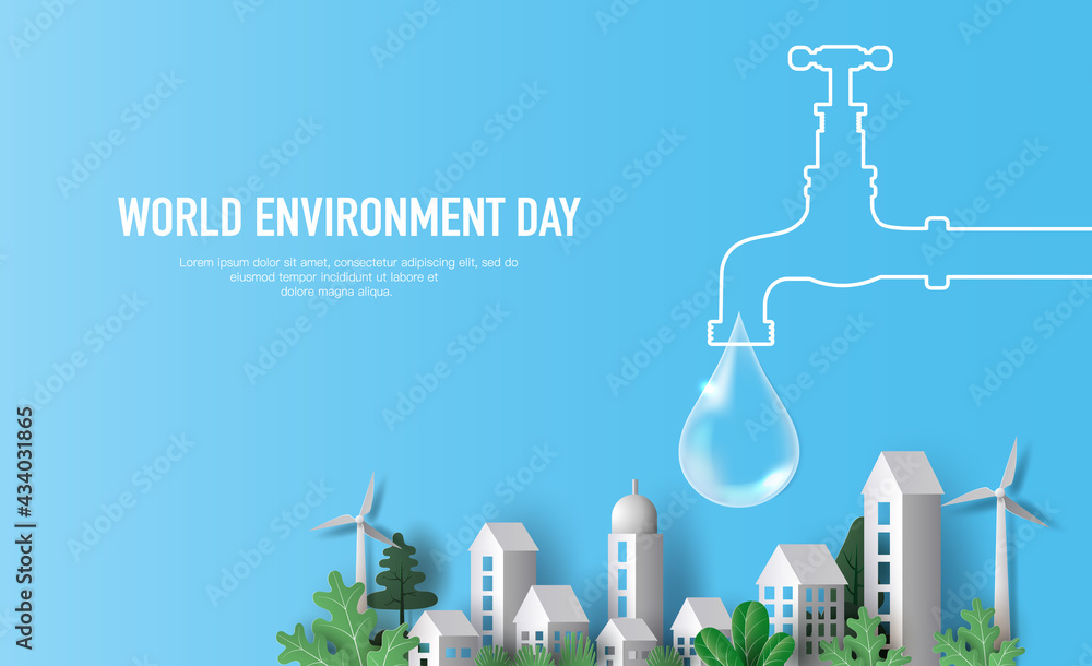 World Environment Day, a tap with water drop and city background. Paper ...