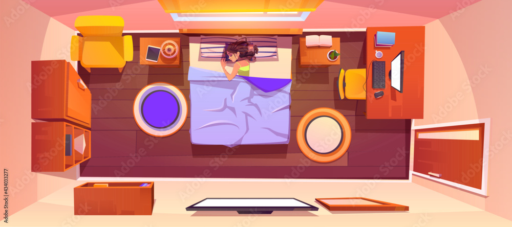 Woman sleep in bed at morning. Bedroom interior top view. Vector ...