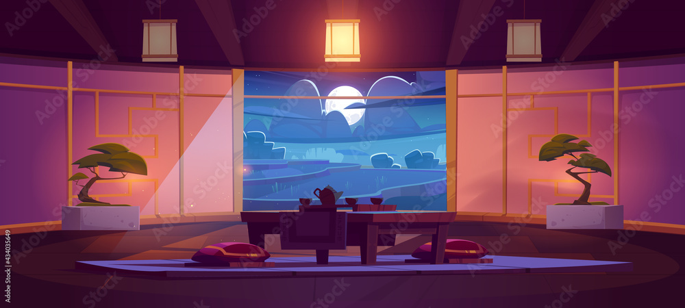 Vettoriale Stock Traditional japanese room with cups and teapot on ...
