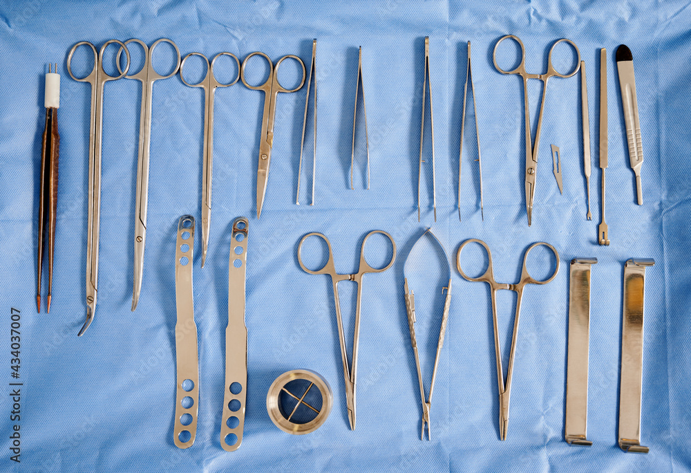 Set of various stainless steel tools for plastic surgery: curved ...