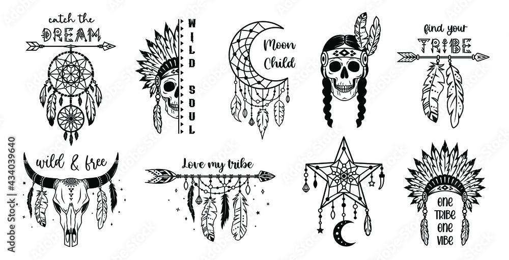 Set of tribal silhouette designs. Native american monochrome signs with ...