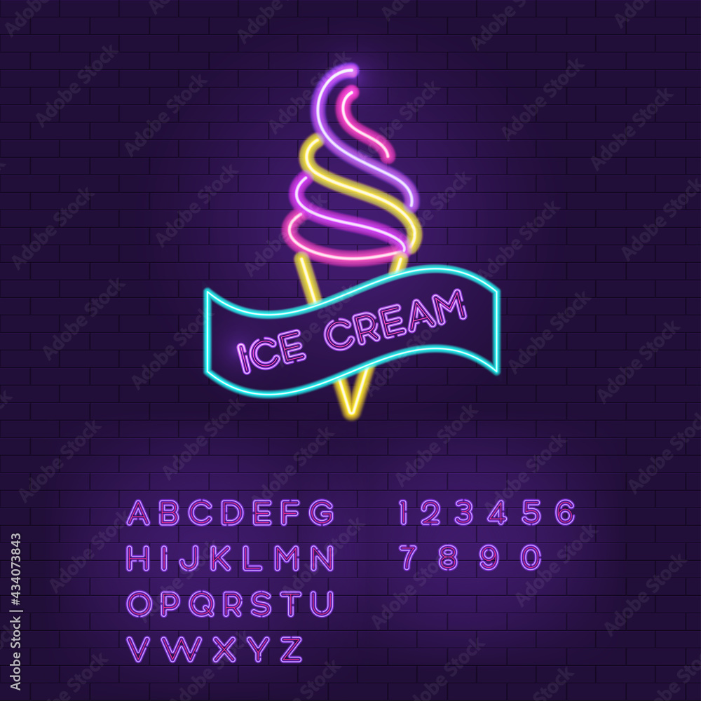 Neon ice cream. Vector illustration in neon style with set of lettering ...