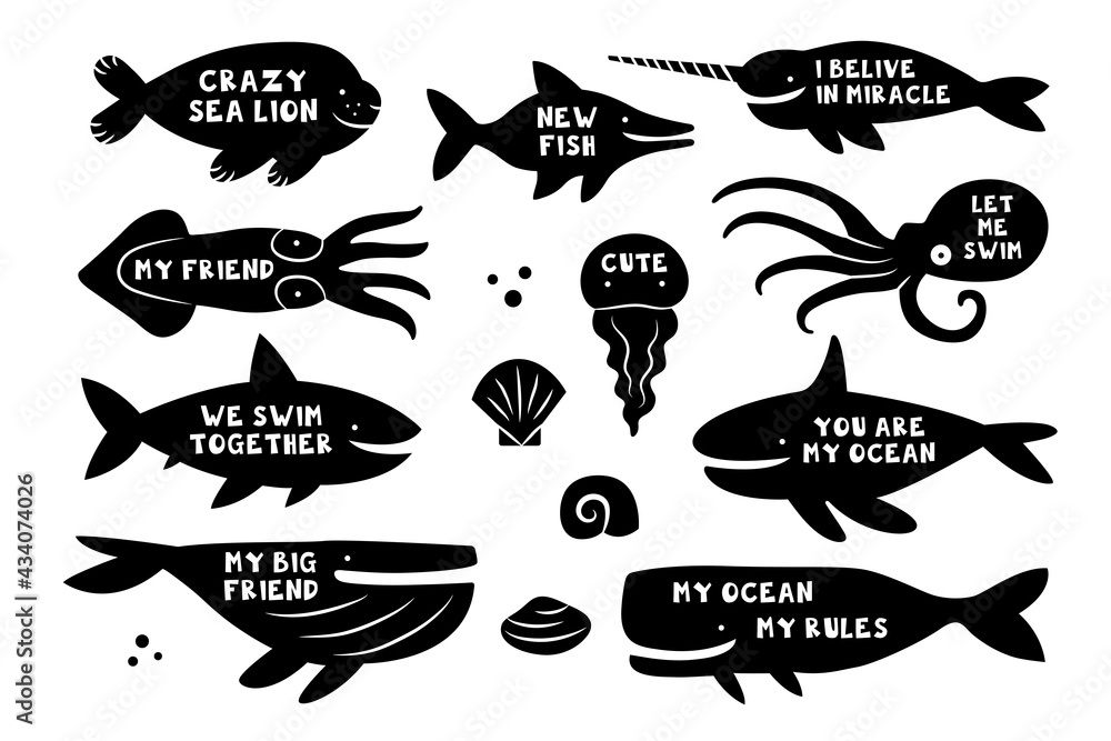 Sea creatures, animals, fishes. Whale, shark, walrus, narwhal ...