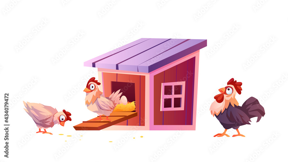 Chicken coop, cartoon warnhouse for hens and roosters isolated. Vector ...