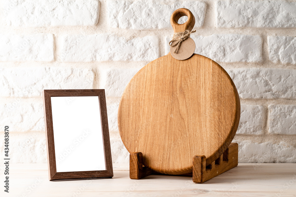 Blank, empty frame mockup Modern template. empty wooden cutting board ...