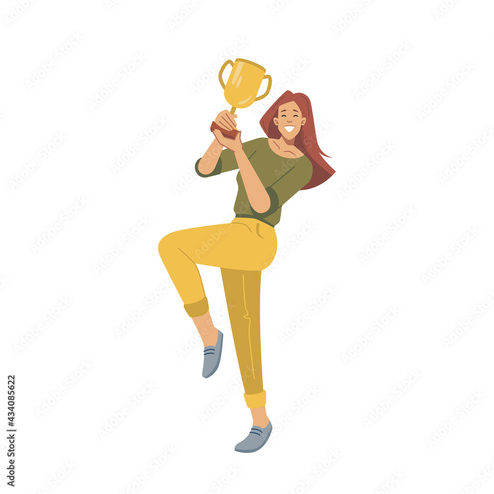 Happy woman winner holding first prize cup in hands, golden goblet ...