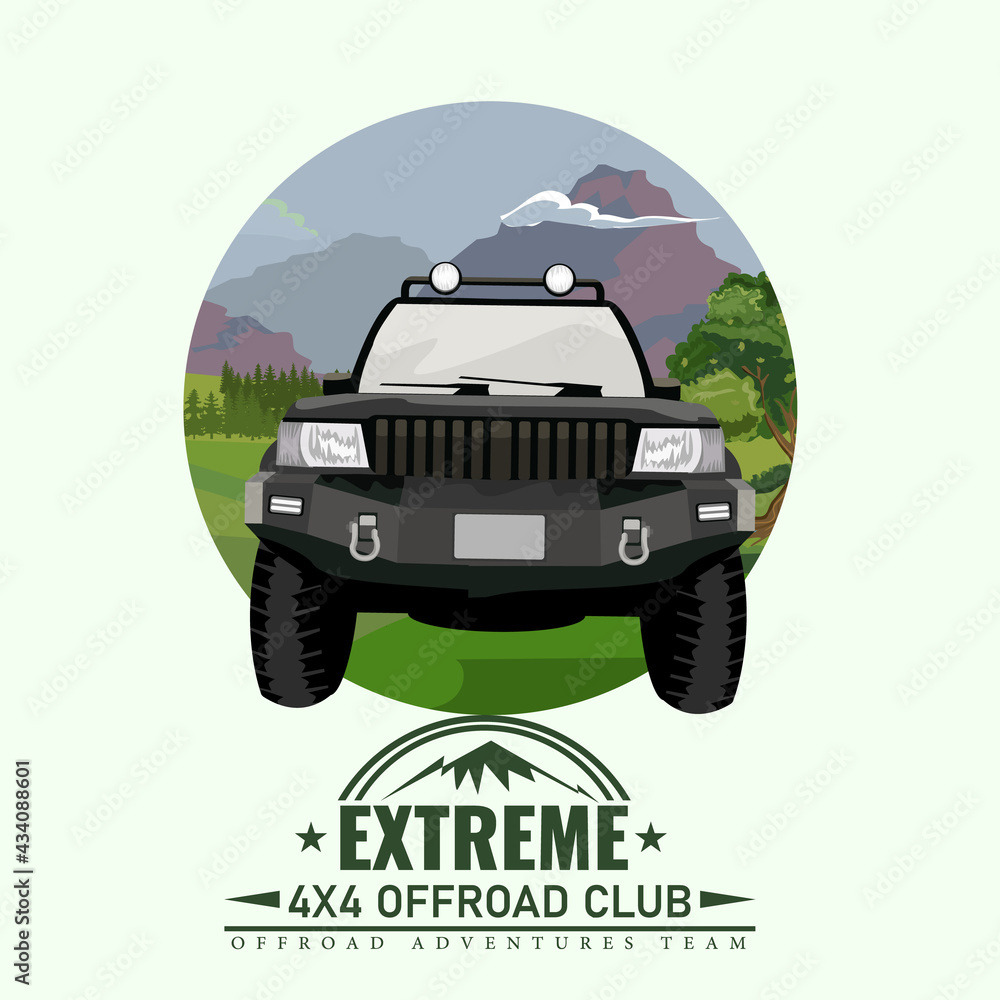Off-road car or expedition offroader with mountain and forest nature ...