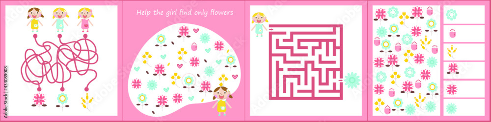 Kids mini games for development. Maze. I spy. Count the flowers ...