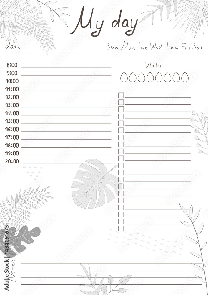 Printable A4 paper sheet with day planner blank to fill on background ...
