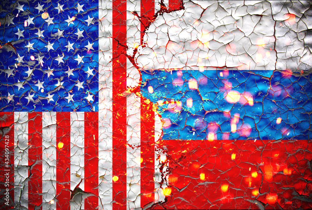 Grunge Us VS russia national flags icon pattern isolated on broken ...