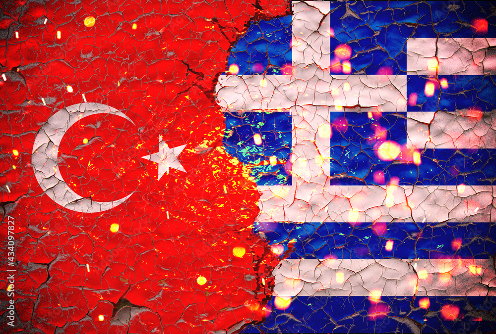 Grunge greece VS Turkey national flags icon pattern isolated on broken ...
