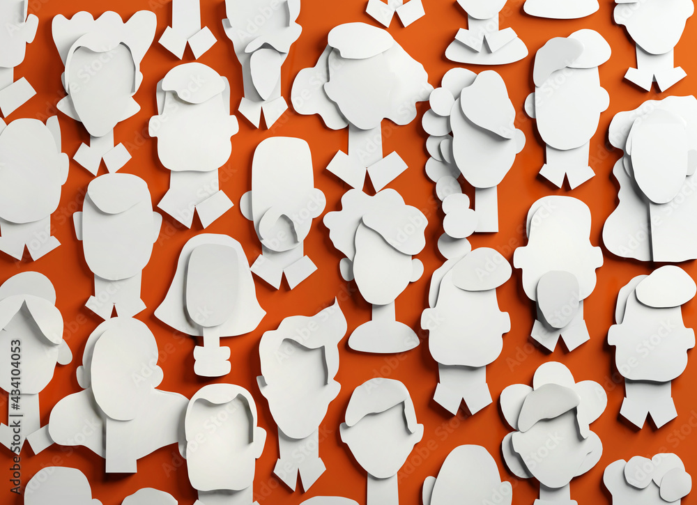 Lots of people's faces made of paper. People different ages and ...