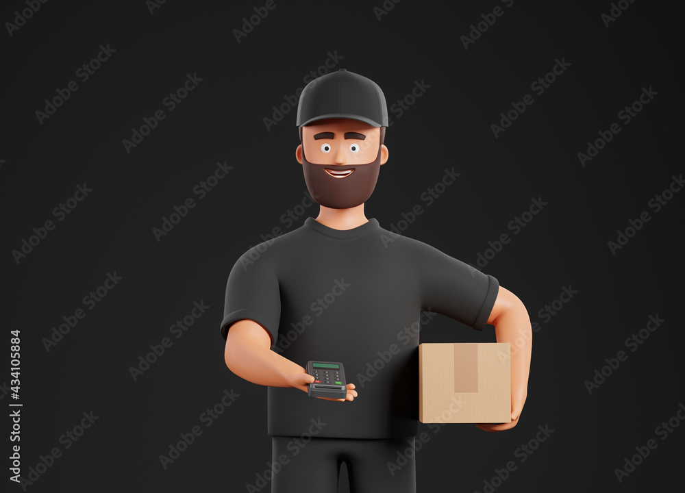 Cartoon beard character courier man in black form bring cardboard box ...