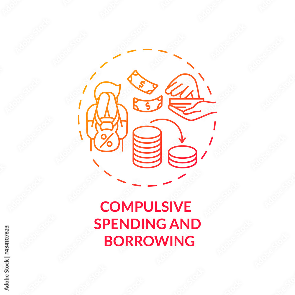 Compulsive spending and borrowing red gradient concept icon. Buying ...
