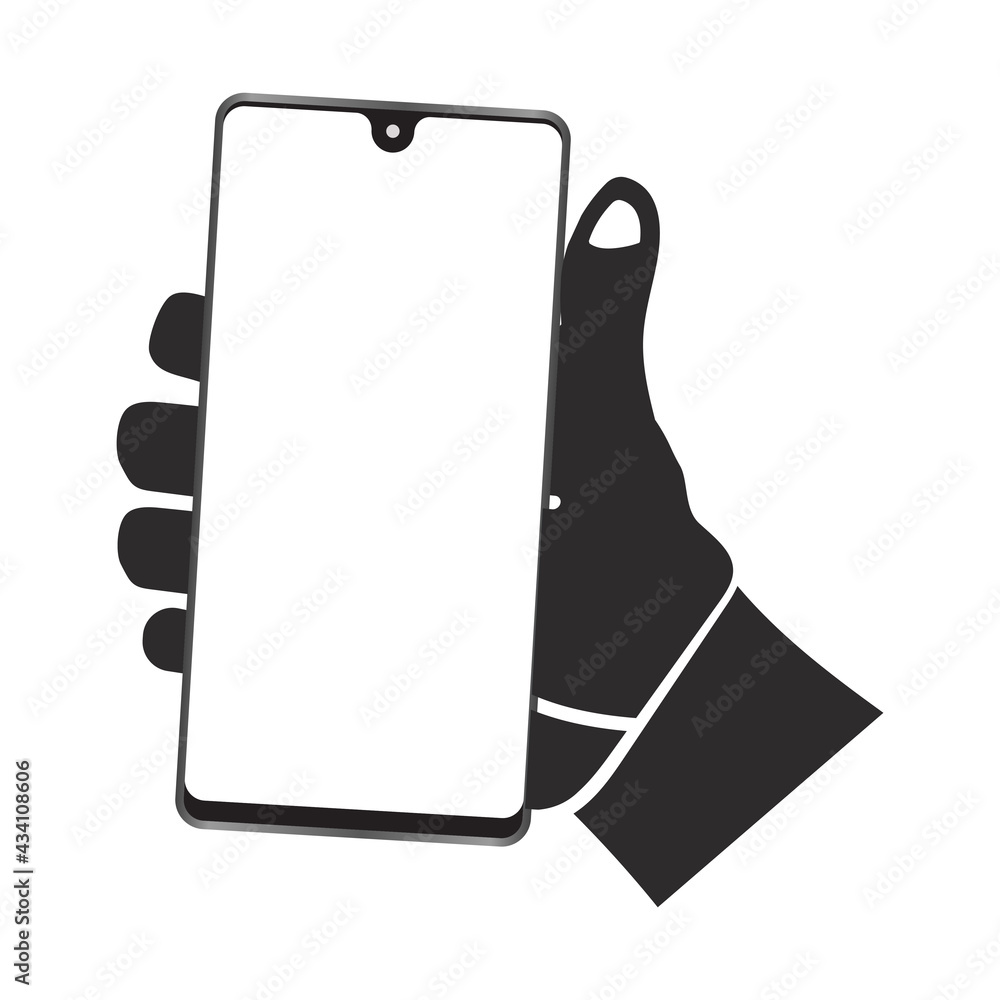 Hand holding mobile phone or android smartphone flat vector icon for ...