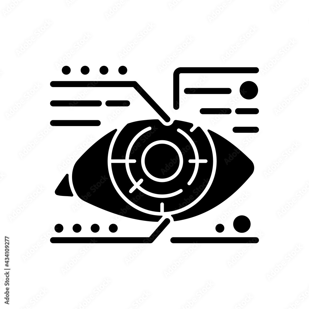 Lens microcircuit black glyph icon. Android eye with specs info ...