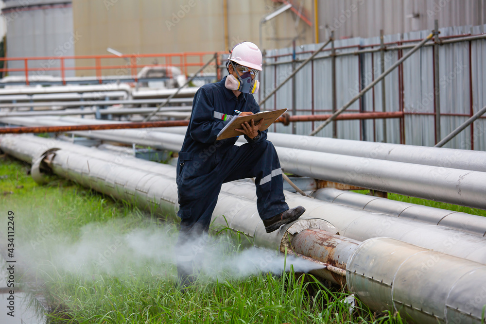 Male worker inspection visual pipeline oil and gas corrosion rust ...