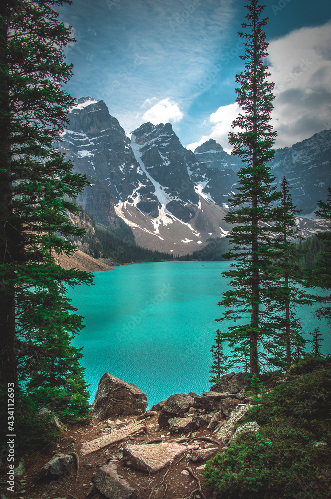 Famous Canadian lake with amazing blue color and big mountains Stock ...