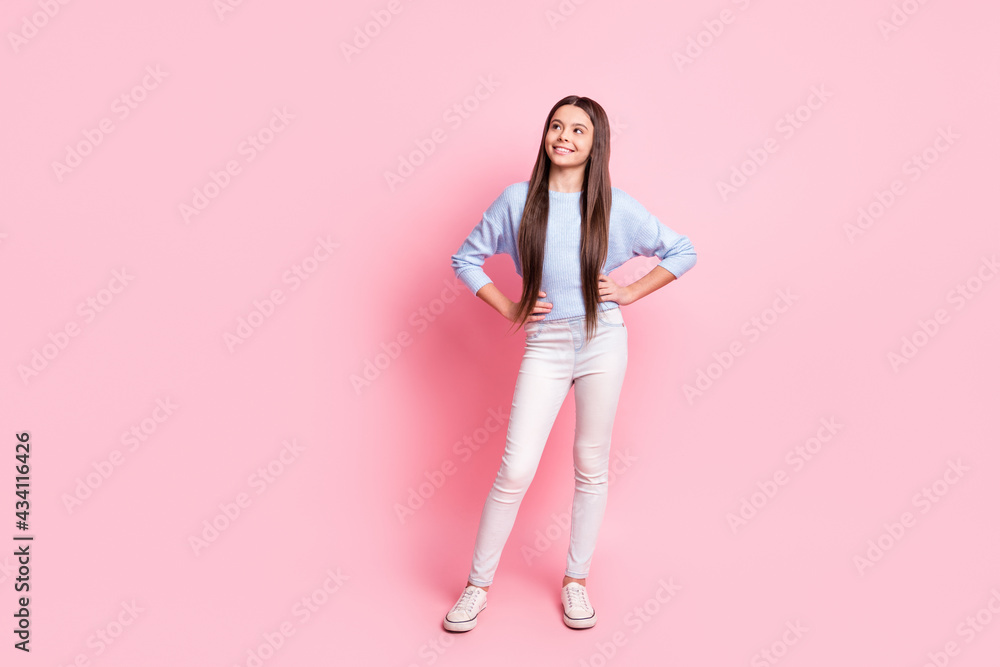 Full length body size view of attractive cheerful girl creating idea ...