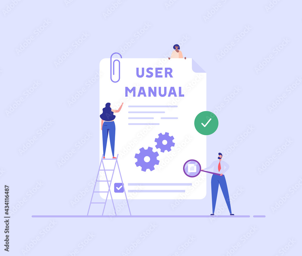 Vetor de People read user manual book. Managers reading and writing ...
