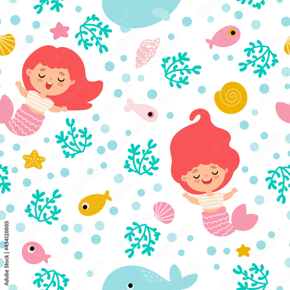 Seamless pattern with mermaids, fish and shells. Marine print in a ...