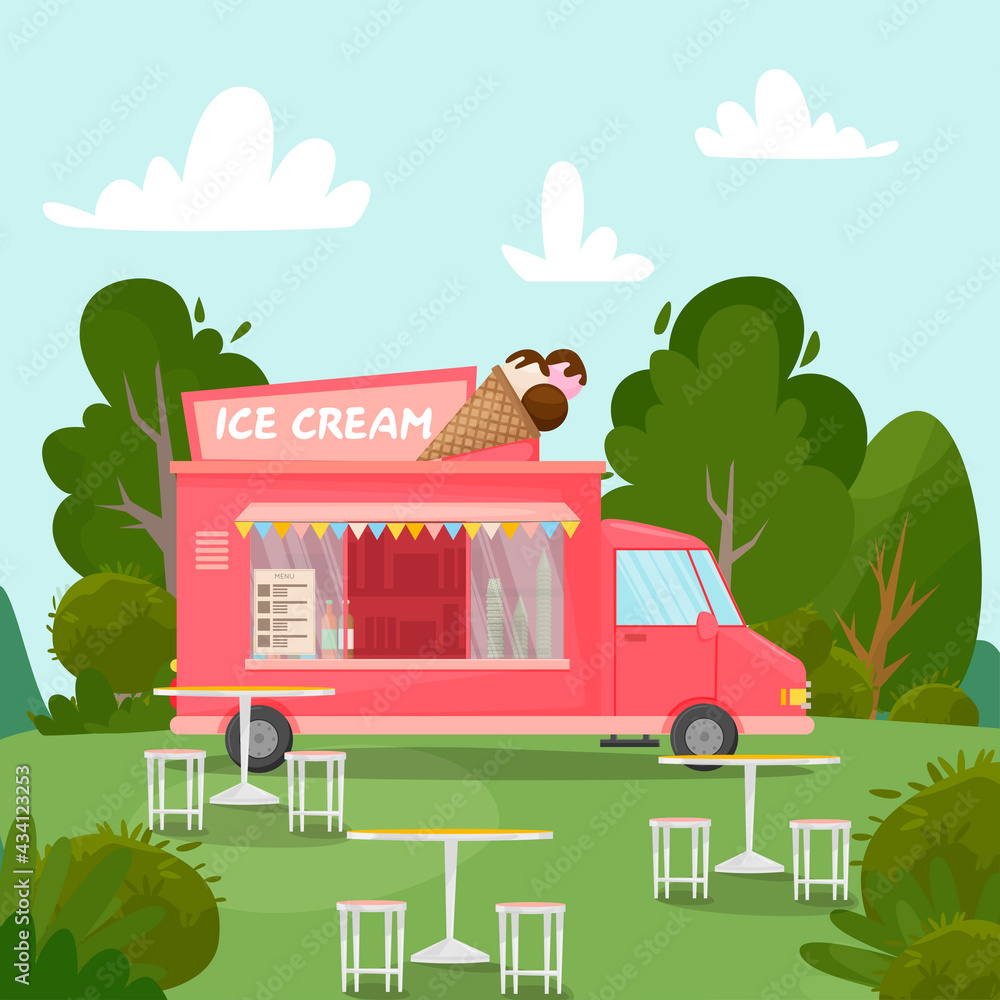 Vector illustration of an ice cream van in the park. Roof cone. For ...