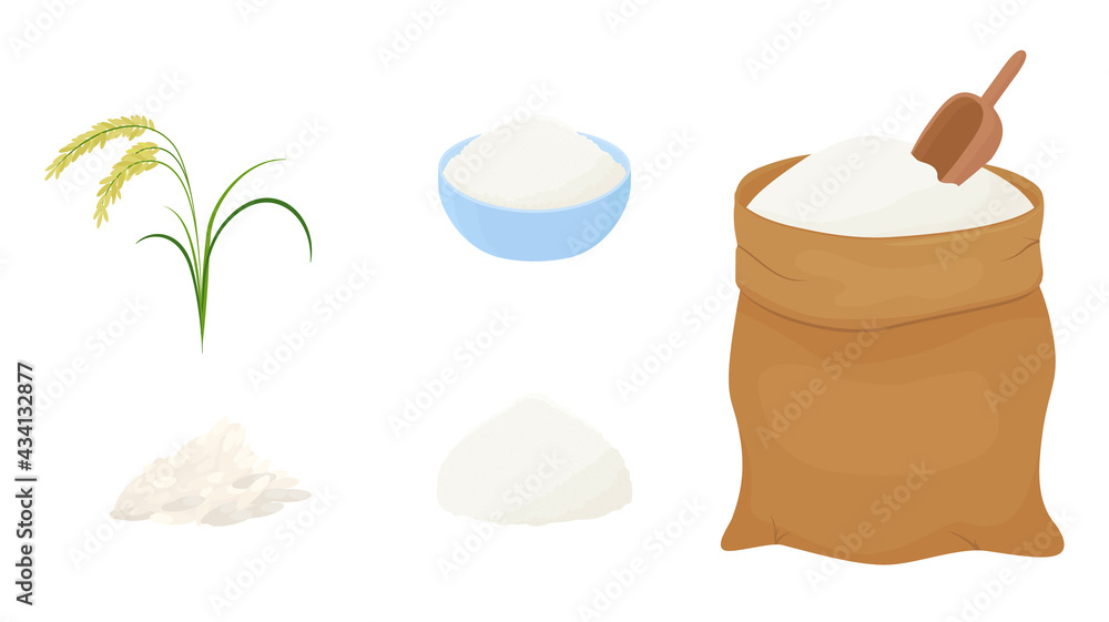 Bag of rice flour and measuring scoop isolated on white background ...