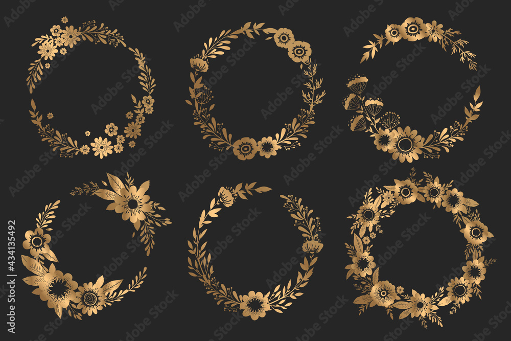 Vector collection of round gold wreaths from hand drawn flowers, leaves ...