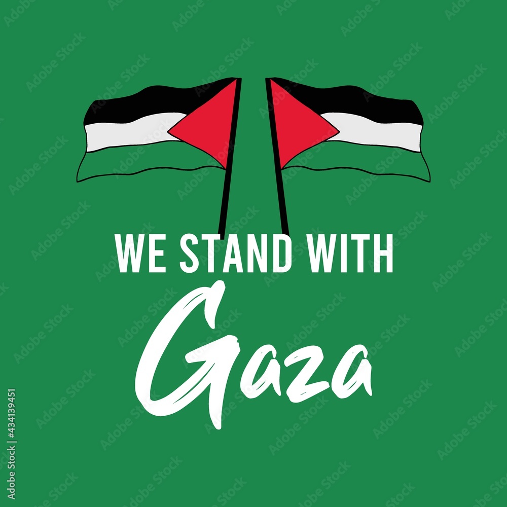 We stand with gaza typography with hand holding flag illustration ...