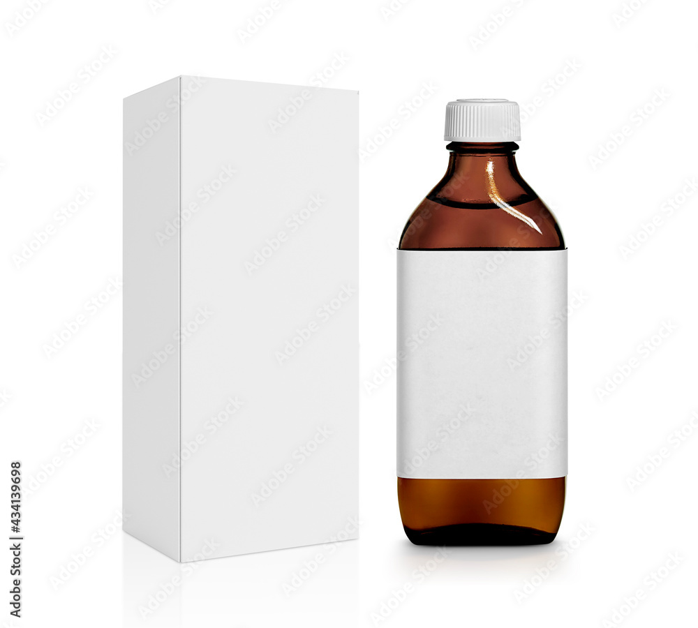 Brown medicine bottle with label and blank packaging white cardboard ...