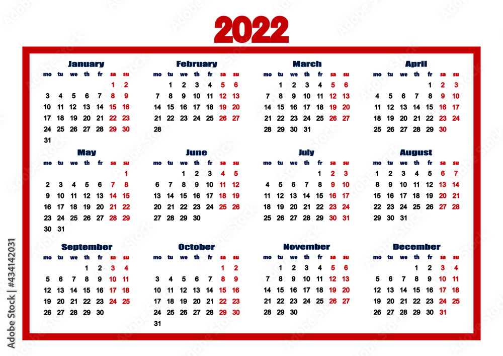 horizontal calendar grid for 2022 on a white background. twelve months ...